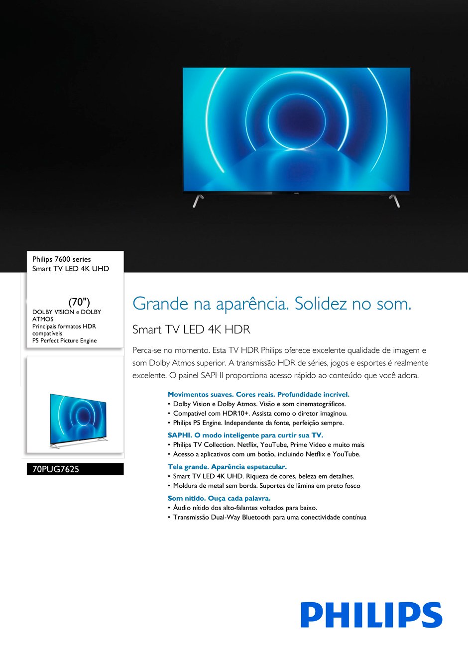 Smart TV LCD LED 70" Philips 70PUG7625/78 4K UHD com Wi-Fi, 2 USB, 3 ...