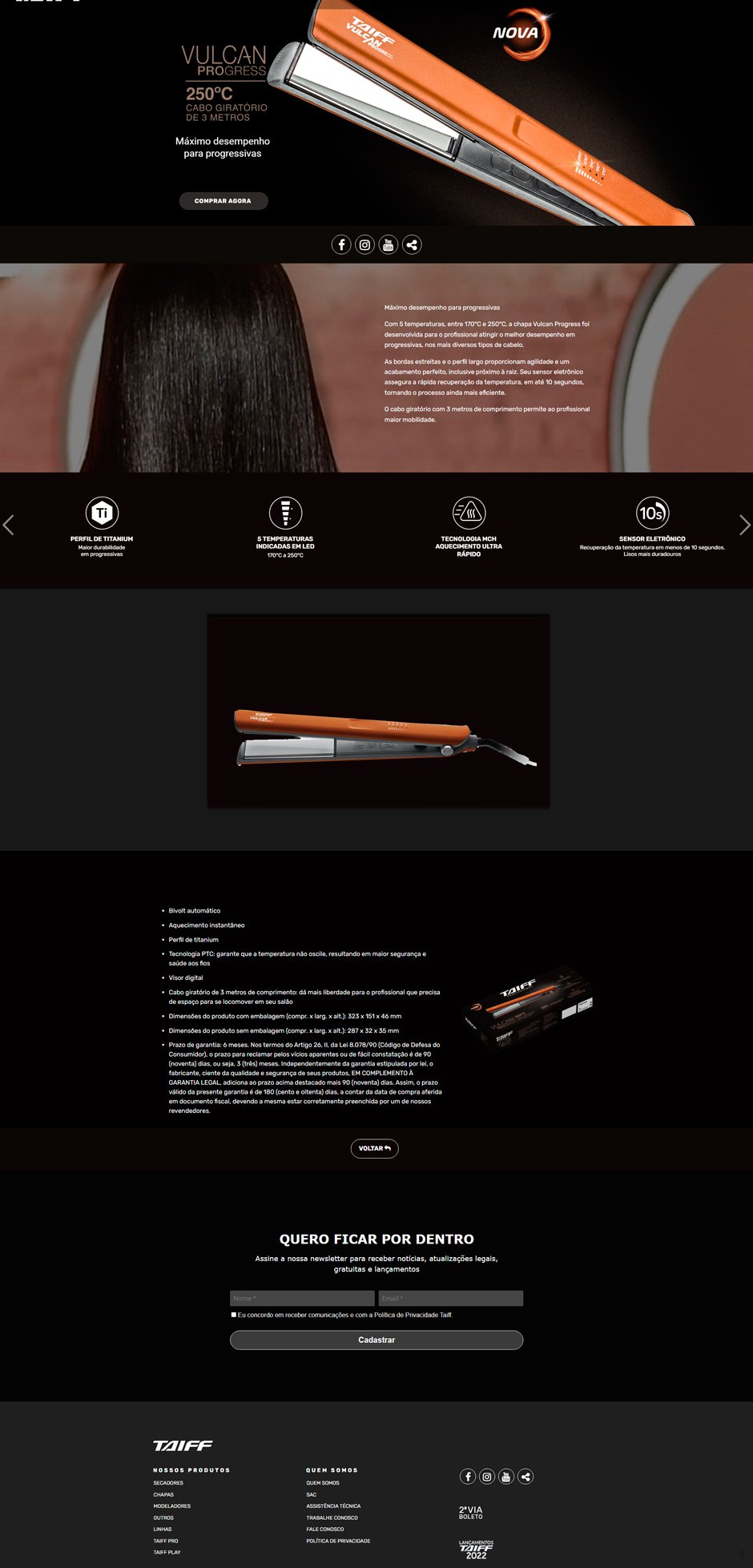 Chapa Alisadora Taiff Vulcan Progress, Cabo de 3 Metros, Até 250°C, Cobre, Bivolt | Martins Atacado